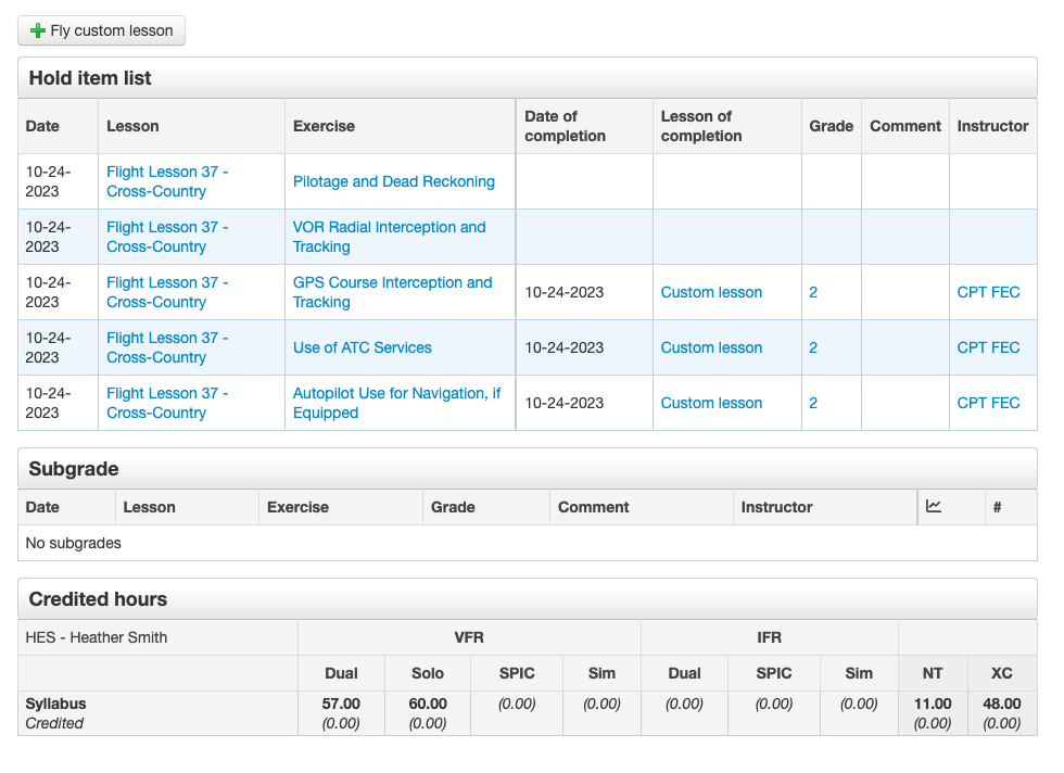 How to follow-up on incomplete exercises in a lesson - use of HIL and fly custom lesson